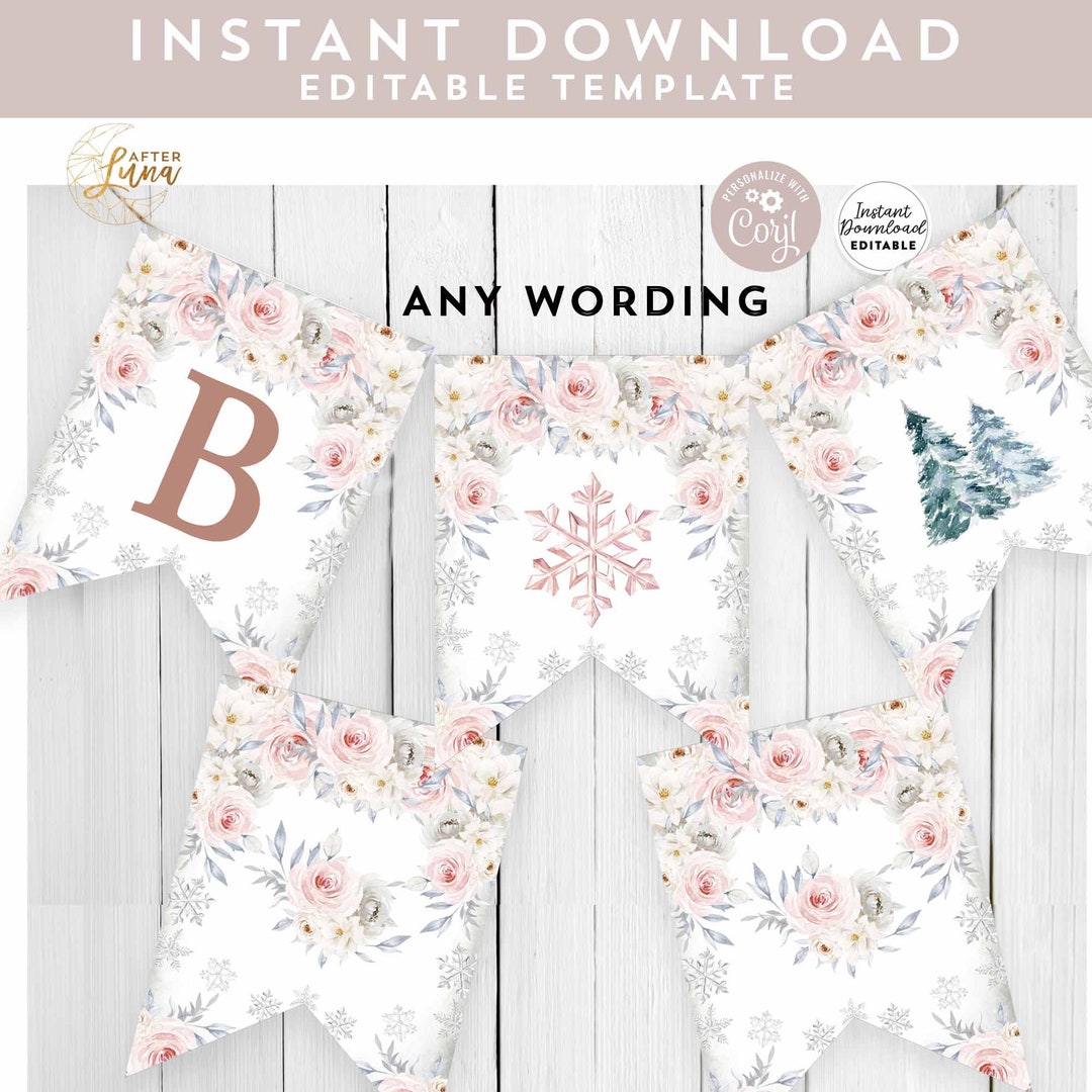 Editable ANY WORDING Pennant Banner 8.5x11 Winter Pink Snowflake Baby ...