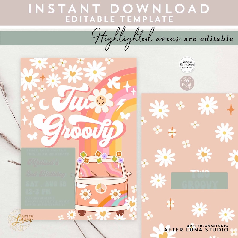 Editable TWO Groovy Girl Pink Peach Van Daisy Rainbow Groovy 2nd ...