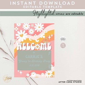 Editable ANY AGE Pink Peach Groovy Party Decor Welcome Sign Daisy TWO ...