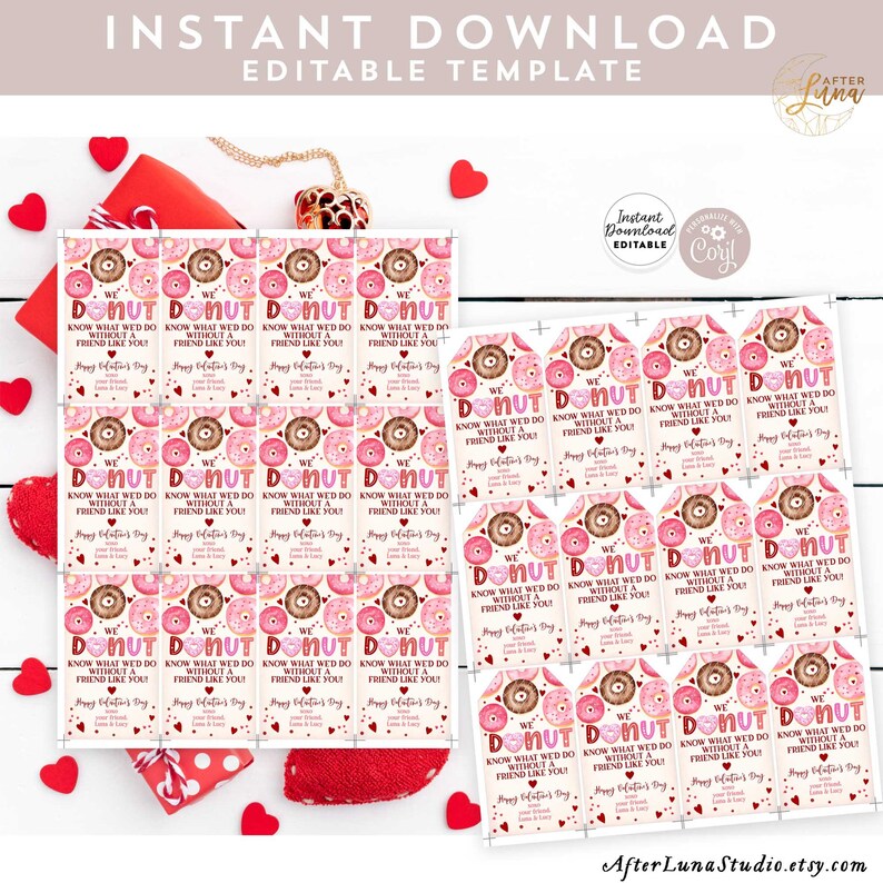 EDITABLE Valentine Donut Tag Printable Heart Friendship Treats - Etsy