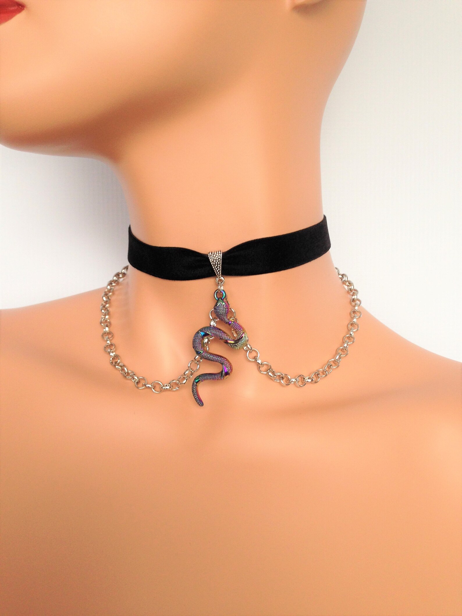 Snake Choker Black Velvet Choker Stretch Ribbon Snake - Etsy
