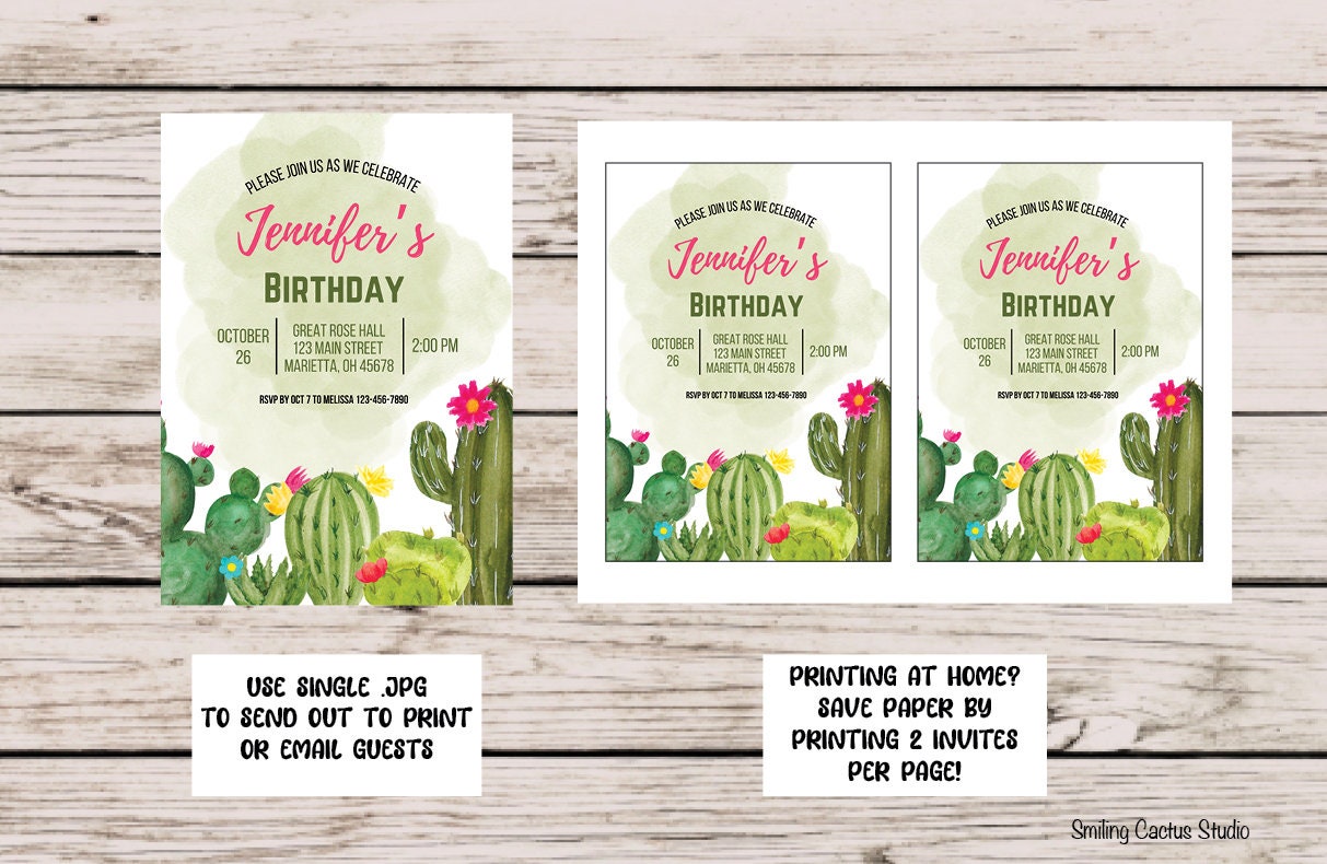 Watercolor Cactus Birthday Invitation, Cactus Party, Fiesta Invitation ...