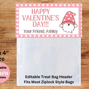 Editable Gnome Valentine Treat Bag Header Valentines Day School Treat ...