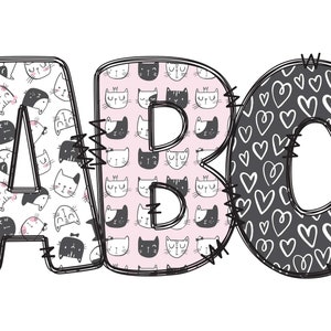 Cut Cat Doodle Letters, Kitty Cat Clipart Alphabet PNG, Cat Birthday ...