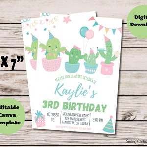 Cactus Birthday Invitation, Editable Cactus Party Invite, Cute Birthday ...