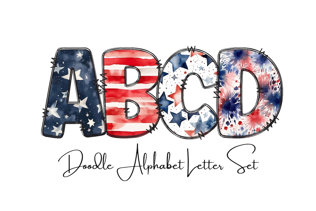 Patriotic Doodle Letter Set, 4th of July Clipart Alphabet, Patriotic ...