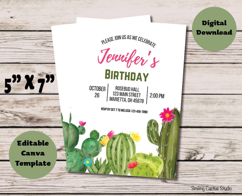 Cactus Birthday Invitation, Cactus Party, Fiesta Invitation, Editable ...