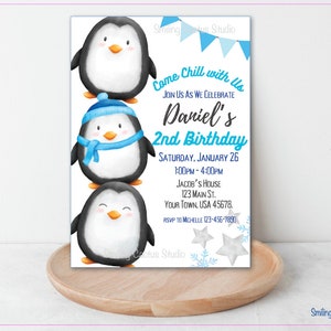 Penguin Birthday Party Invitation, Winter Penguin Editable Invite ...