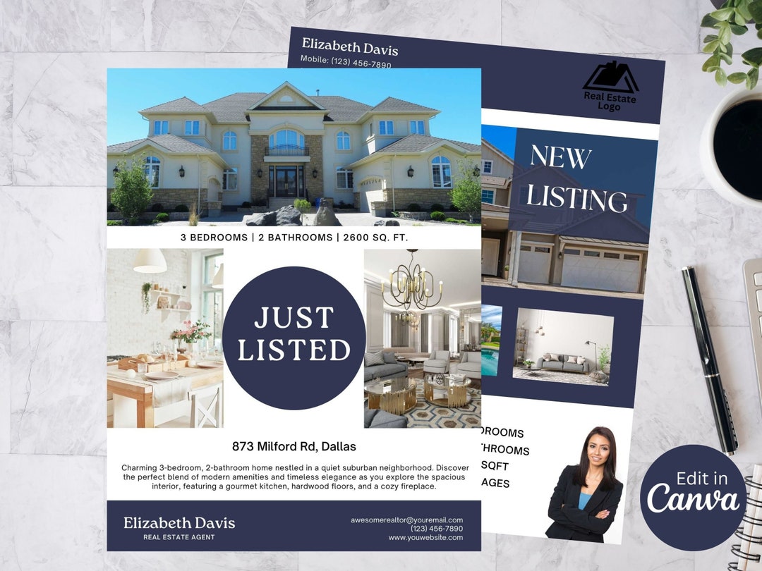 25 Real Estate New Listing Flyer Bundle, Navy Blue Real Estate Branding ...