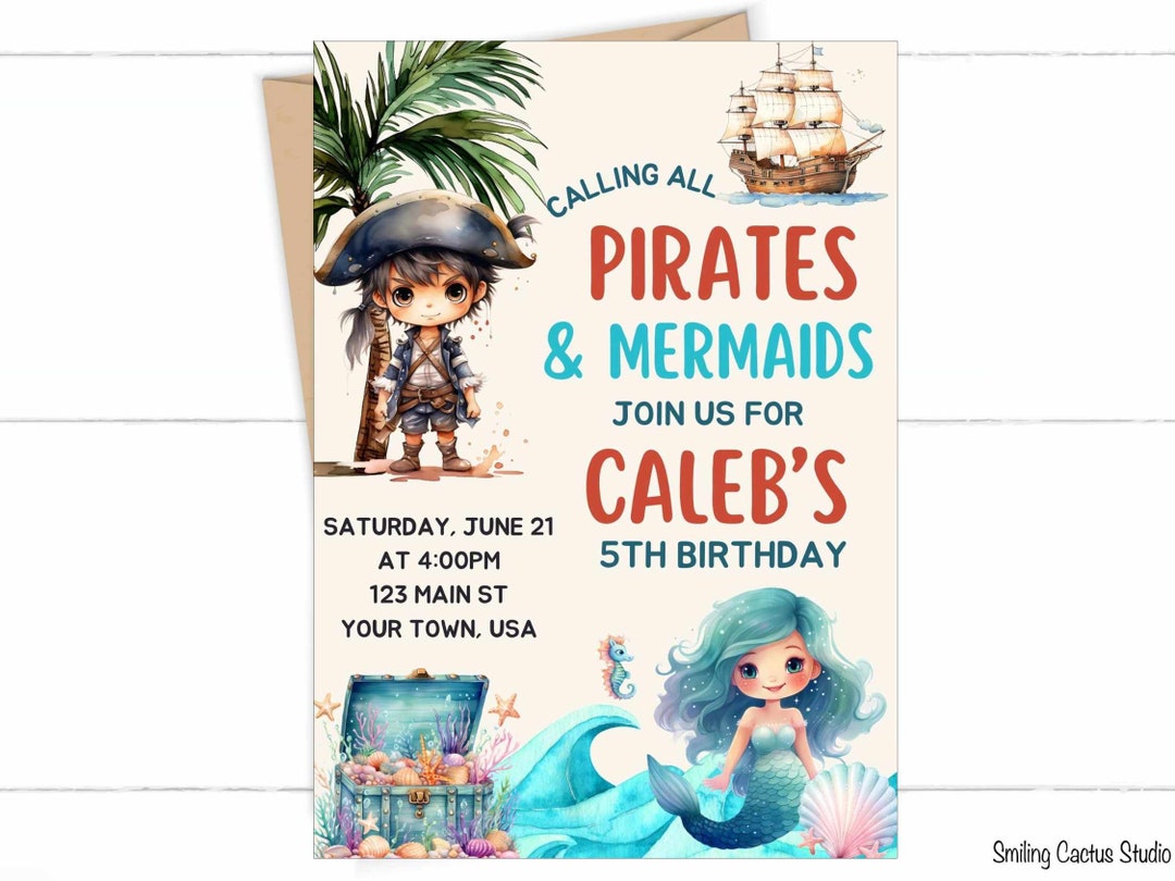 Pirate Mermaid Birthday Party Invitation, Editable Kids Birthday Invite ...