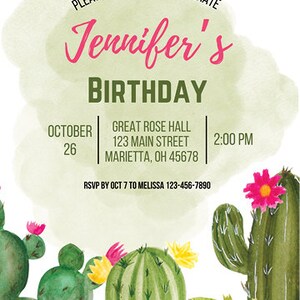 Watercolor Cactus Birthday Invitation, Cactus Party, Fiesta Invitation ...