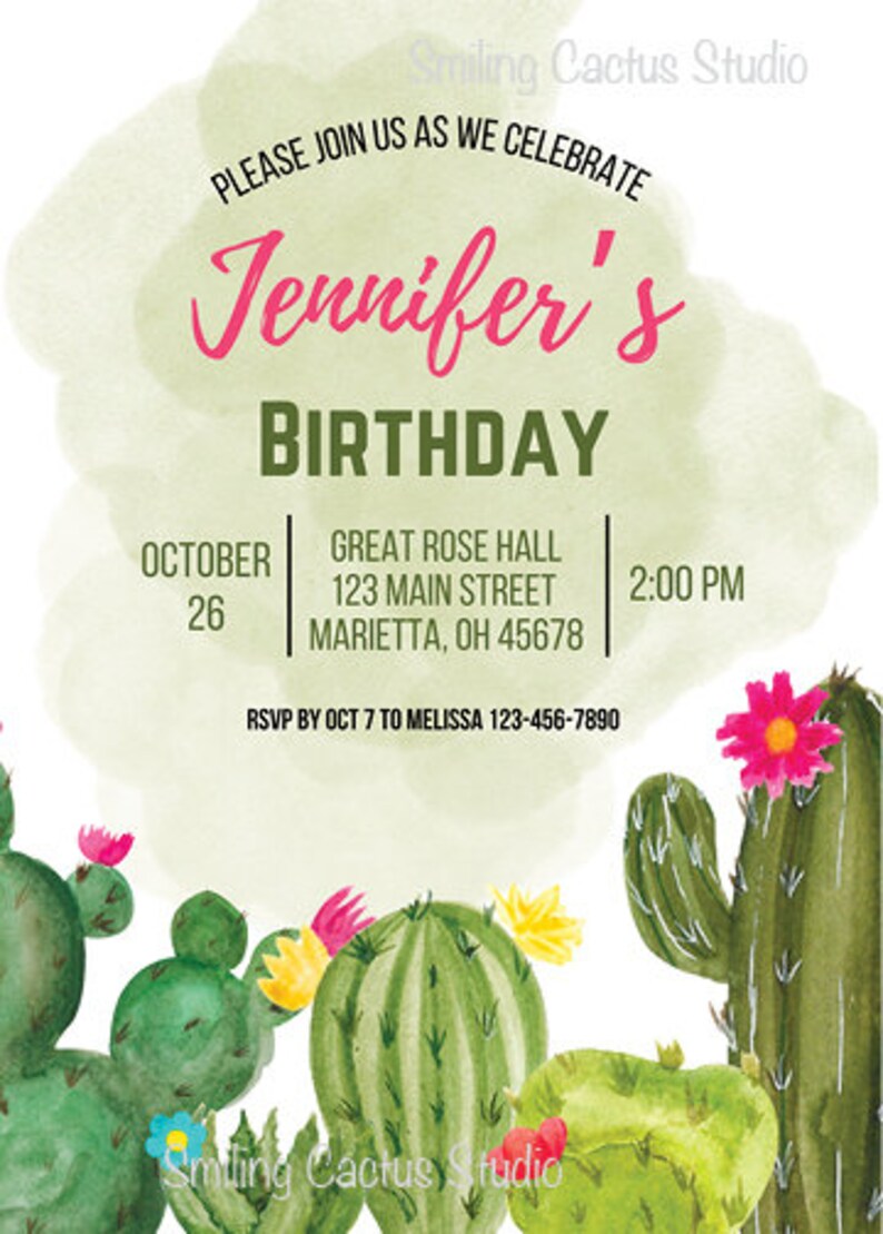 Watercolor Cactus Birthday Invitation Cactus Party Fiesta - Etsy