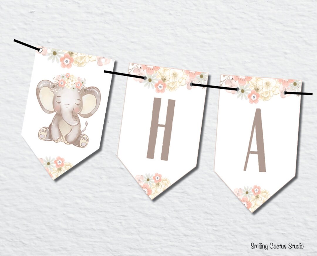 Floral Elephant Birthday Banner, Baby Elephant Decor, Elephant Birthday ...