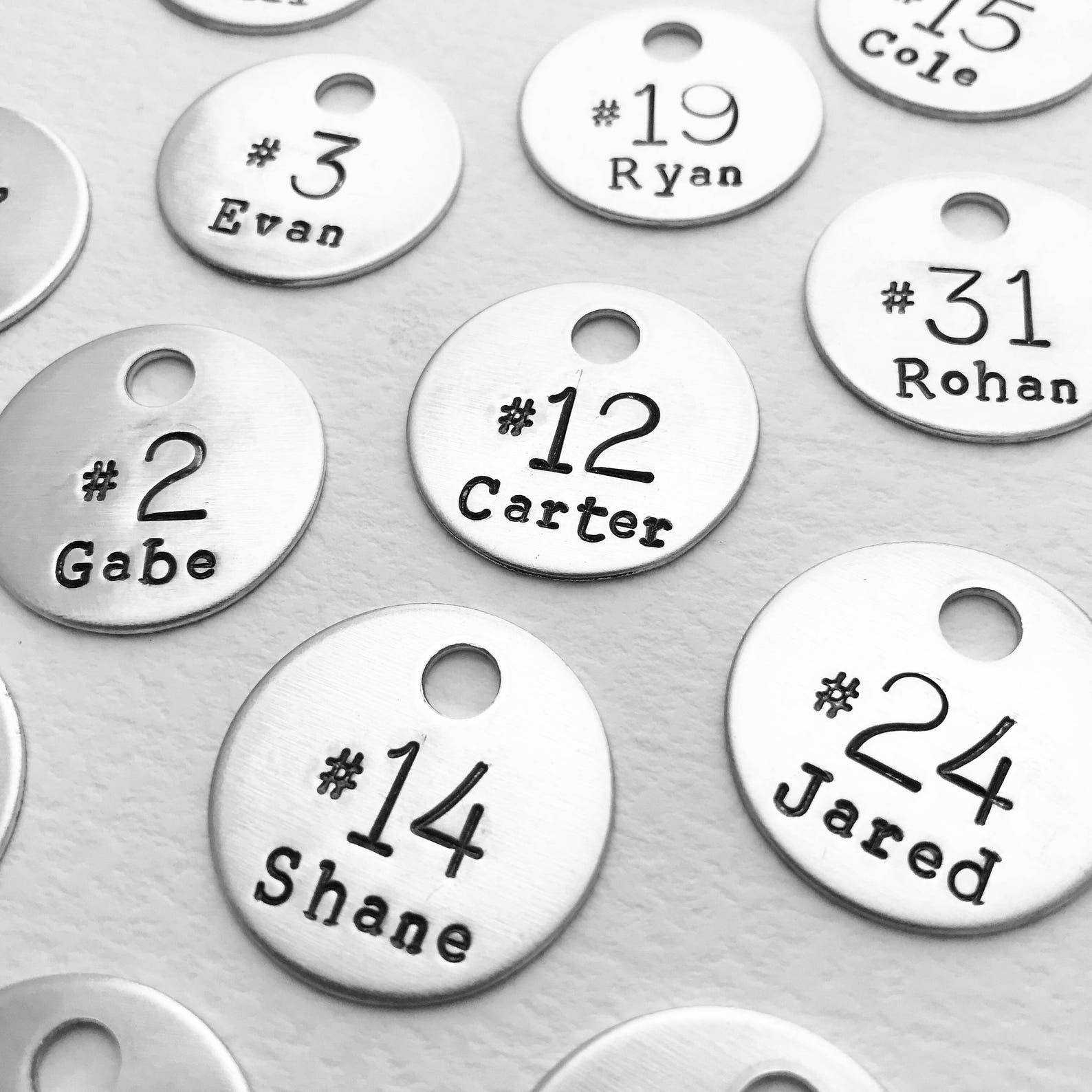 Name Number Tag - Hand Stamped 1 Inch Tags - Sports Team Label - Silver ...
