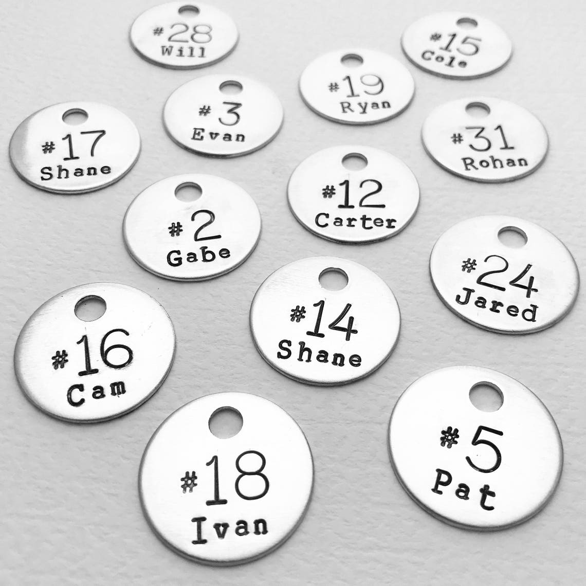 Name Number Tag - Hand Stamped 1 Inch Tags - Sports Team Label - Silver ...