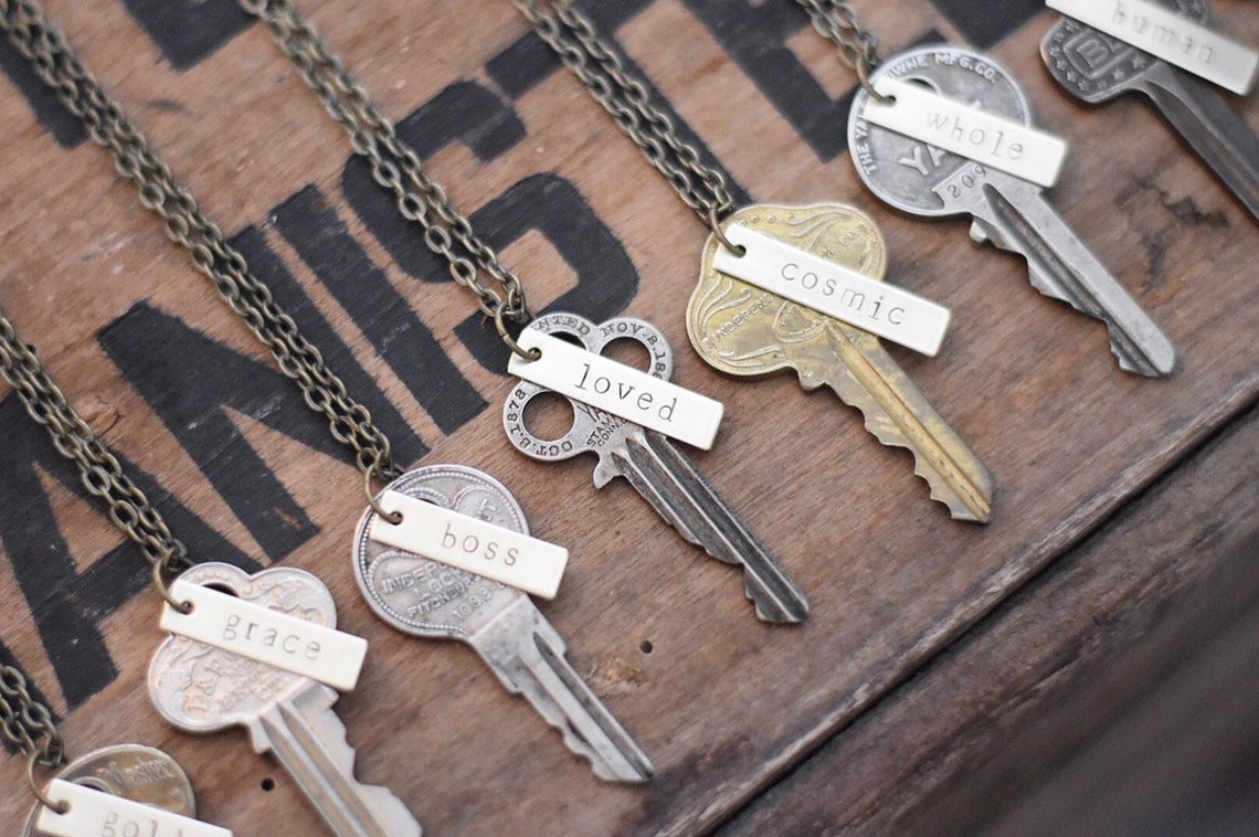 Custom Key Necklace Vintage Hand Stamped Jewelry | Etsy