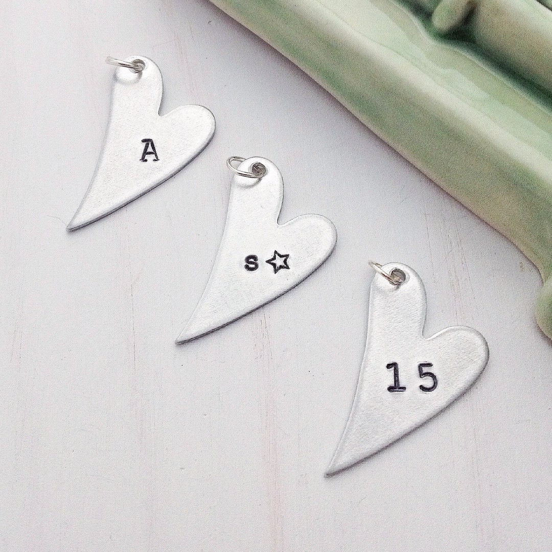 Custom Silver Heart - Mini Initial Heart Charm - Number Hearts - Hand ...