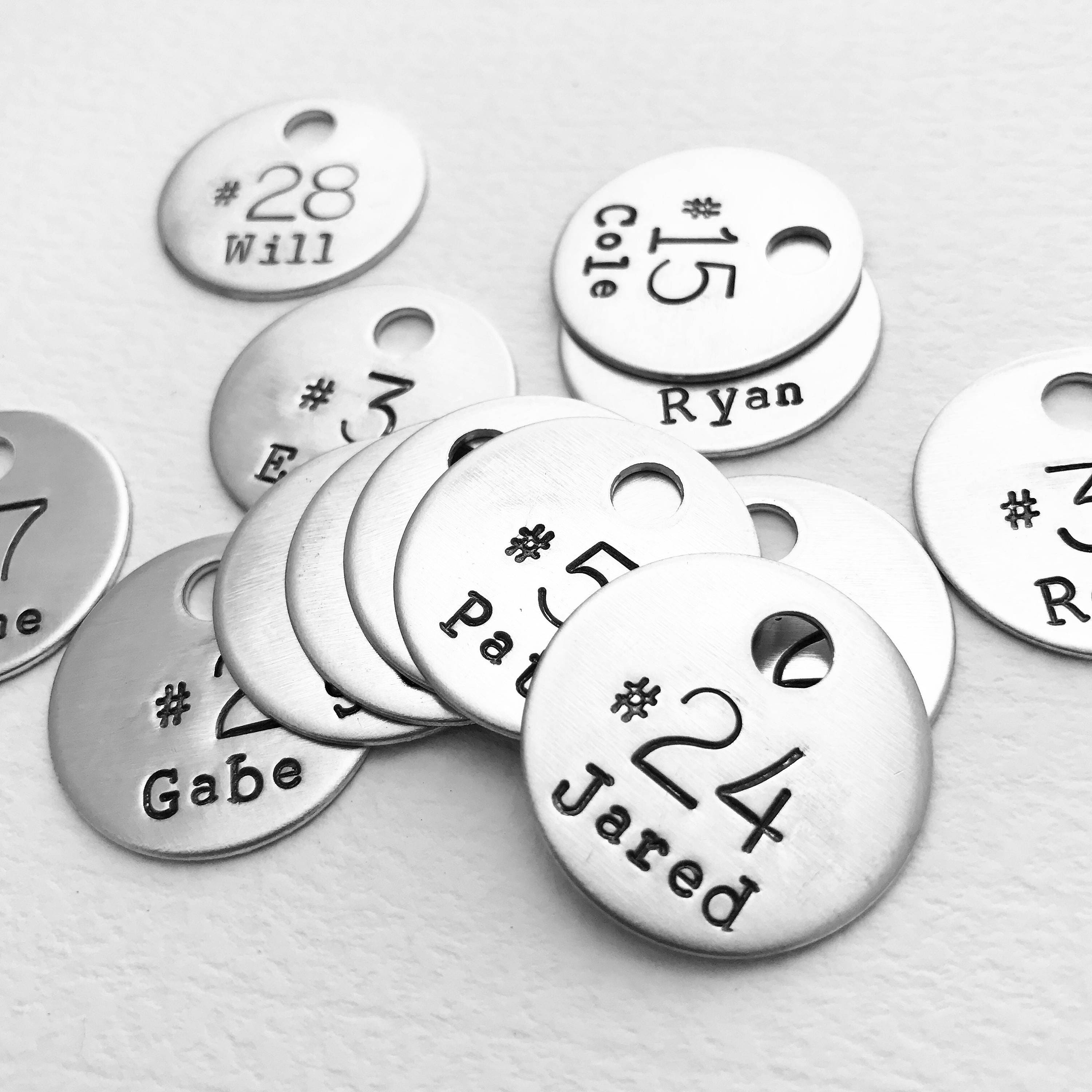 Name Number Tag - Hand Stamped 1 Inch Tags - Sports Team Label - Silver ...