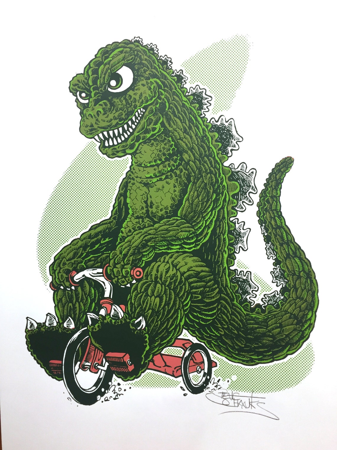 GODZILLA Riding a Tricycle Screen Printed Poster Art Print - Etsy Sweden