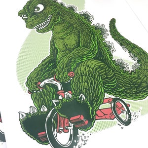 GODZILLA Riding a Tricycle - Screen Printed Poster, Art Print - by ...