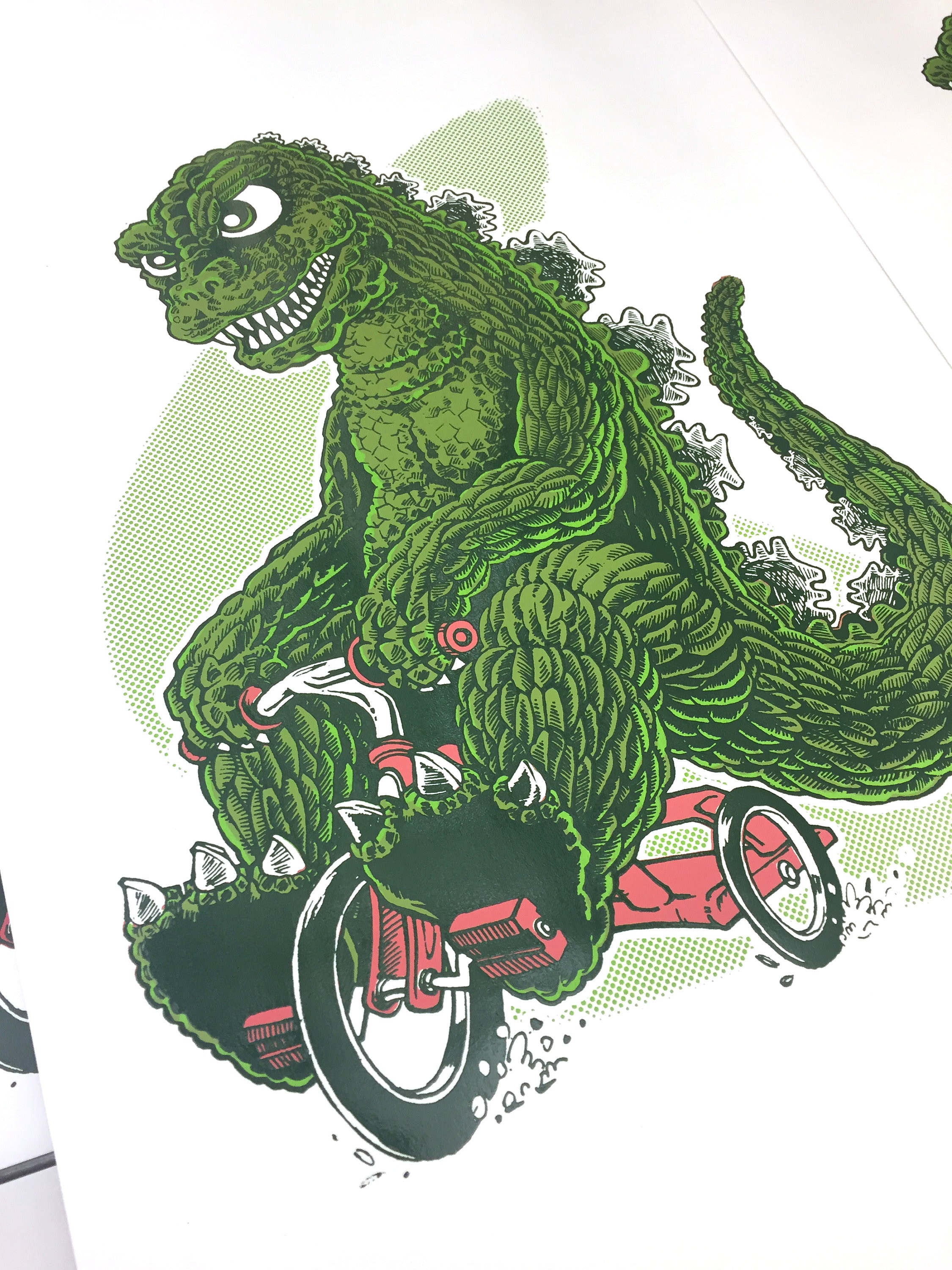GODZILLA Riding a Tricycle Screen Printed Poster, Art Print by Steve ...