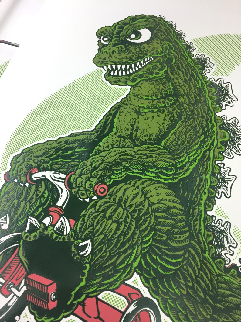 GODZILLA Riding a Tricycle Screen Printed Poster, Art Print by Steve ...