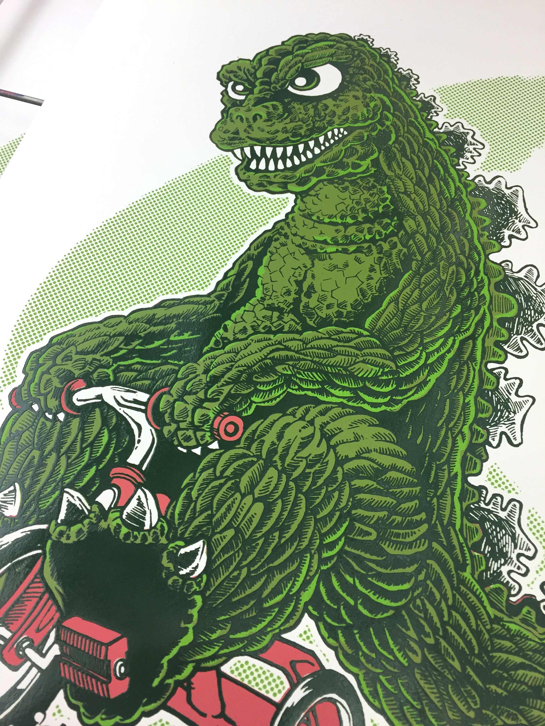 GODZILLA Riding a Tricycle Screen Printed Poster, Art Print by Steve ...