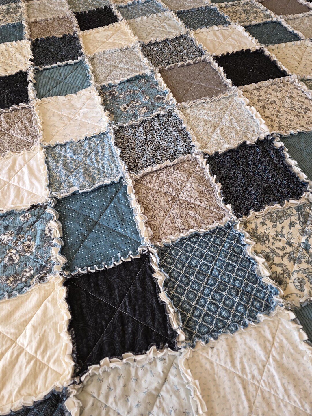 Witley Court Large Rag Quilt Throw - Blues, Teals, Taupe, Cream, Black - Etsy