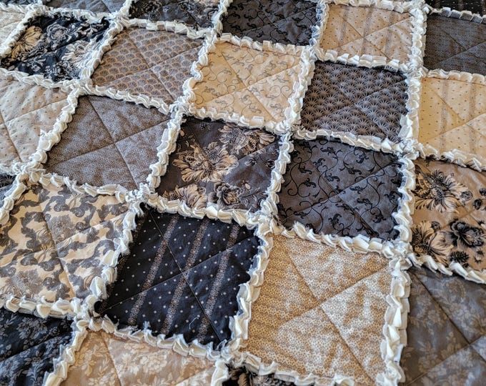 Cotillion Patchwork Large Rag Quilt Throw - Taupe, Tan, Black, Cream - Etsy