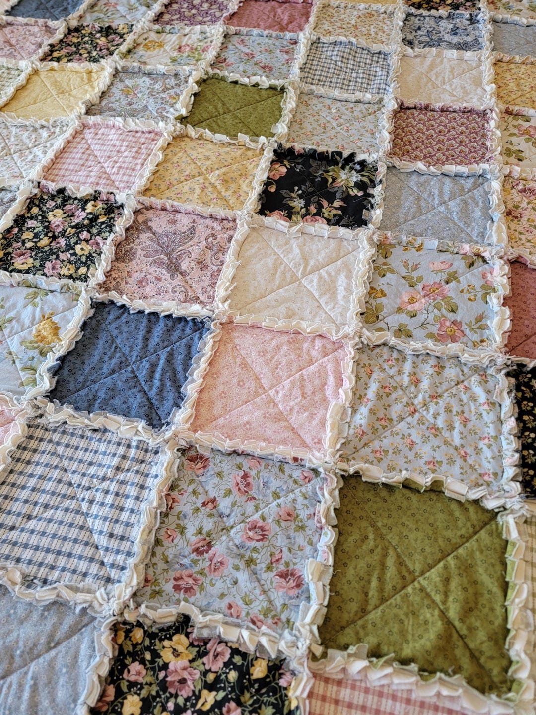 Garden Magic Queen Rag Quilt - Blues, Pinks, Greens, White, Cream - Etsy