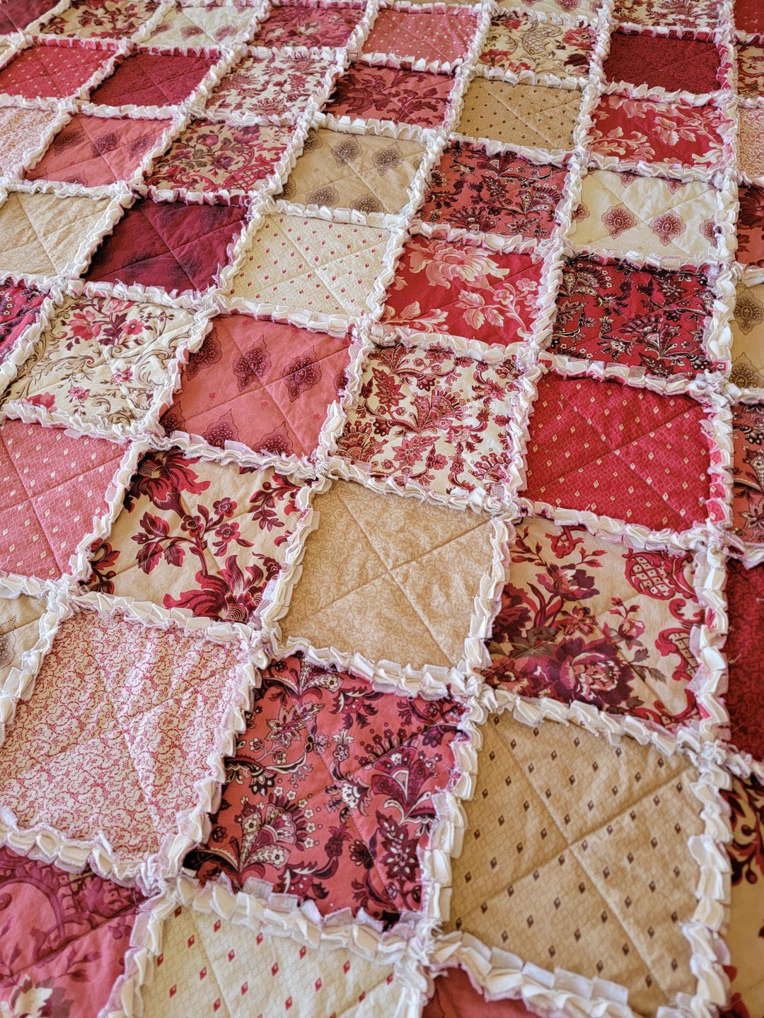 En Rogue Large Rag Quilt Throw Ruby Reds and Creams - Etsy