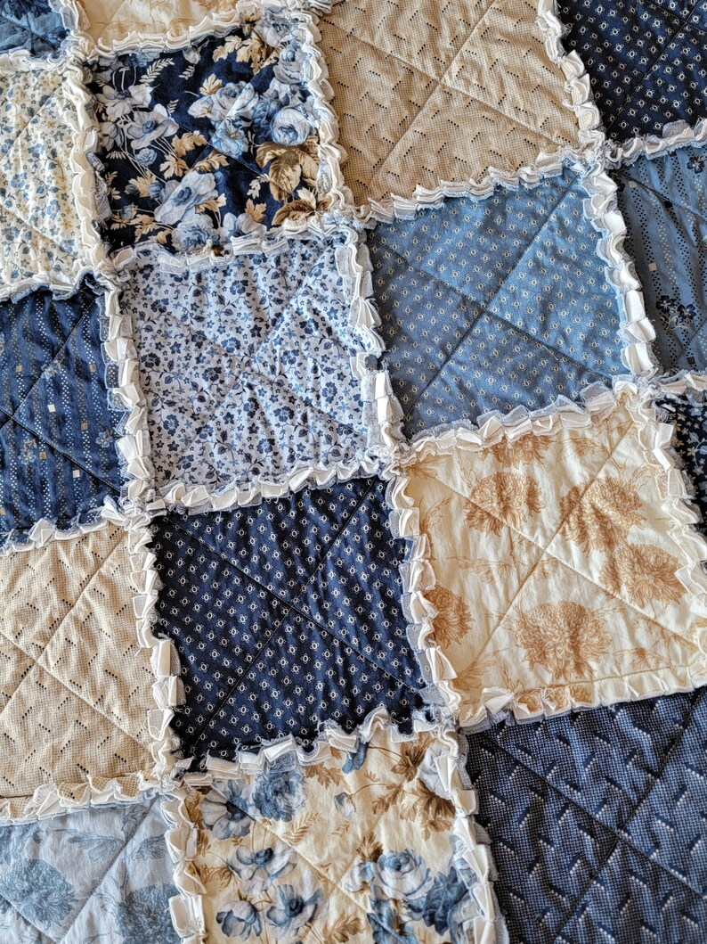 Blue Belle Large Rag Quilt Throw Blues Indigo Tans and - Etsy
