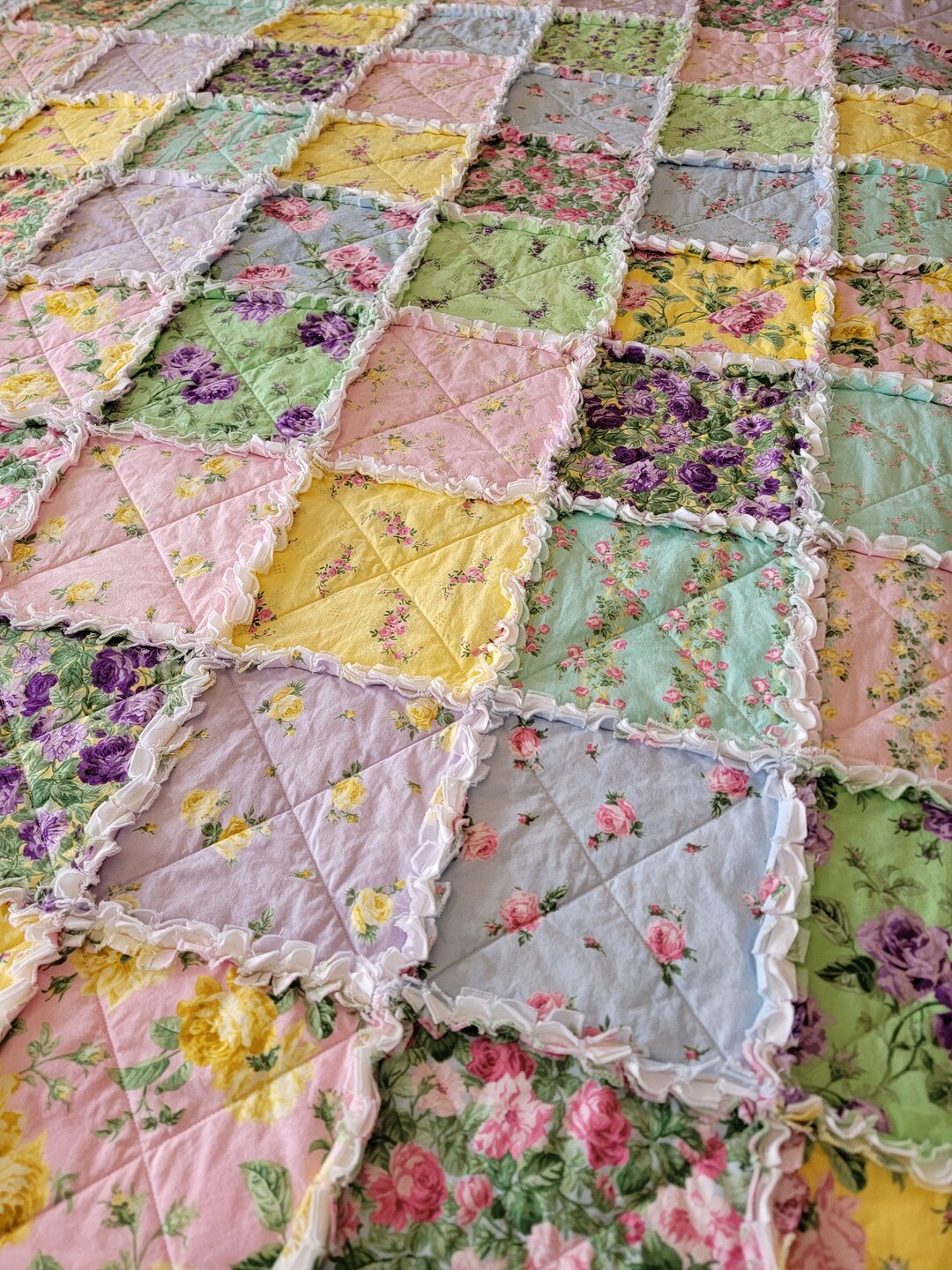 Rosette Floral Large Rag Quilt Throw - Pinks, Yellows, Lavenders, Purple, Greens, Blues - Etsy