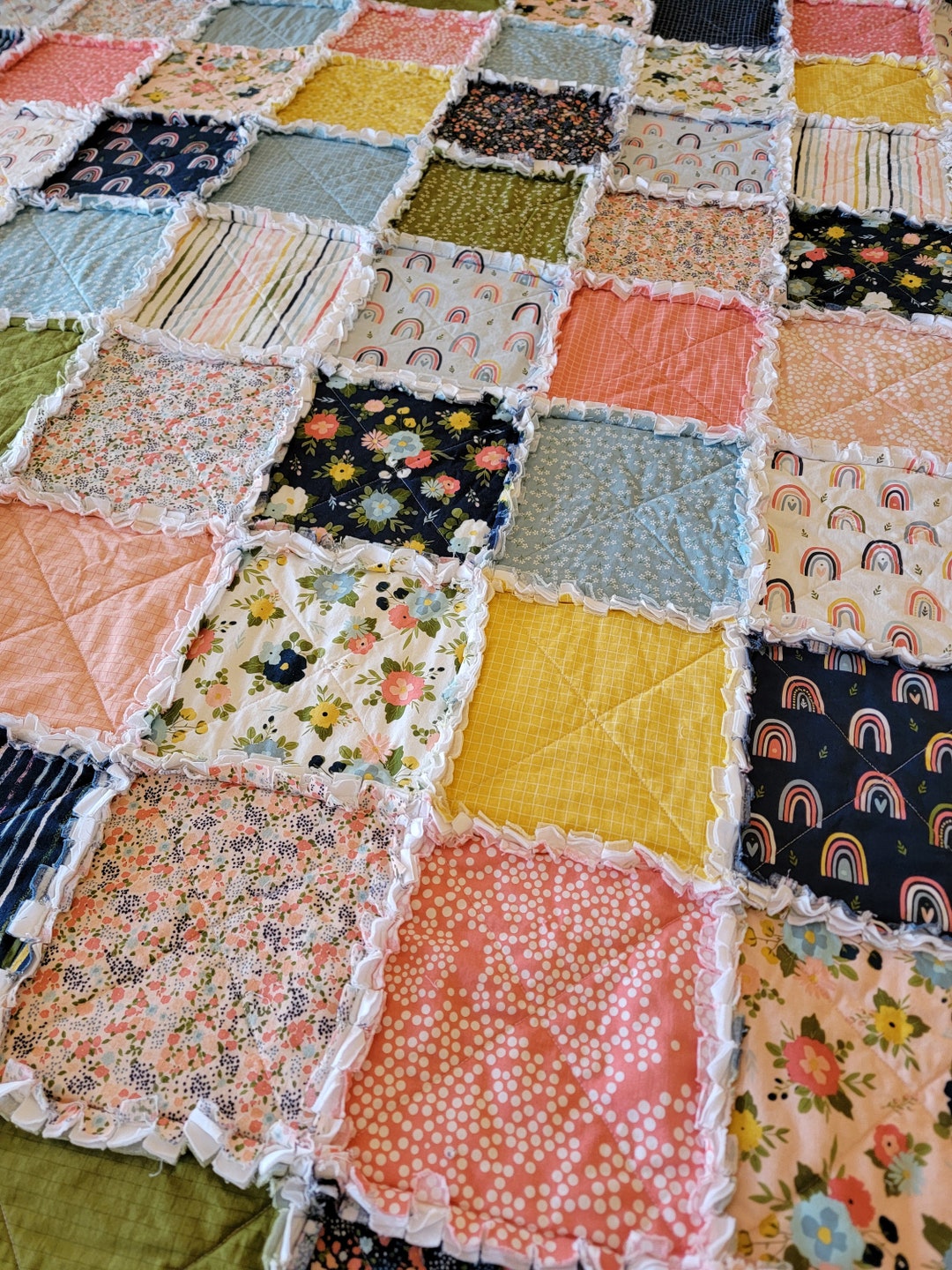 Day in the Life Large Rag Quilt Throw Peach, Salmon, Blues, Greens ...