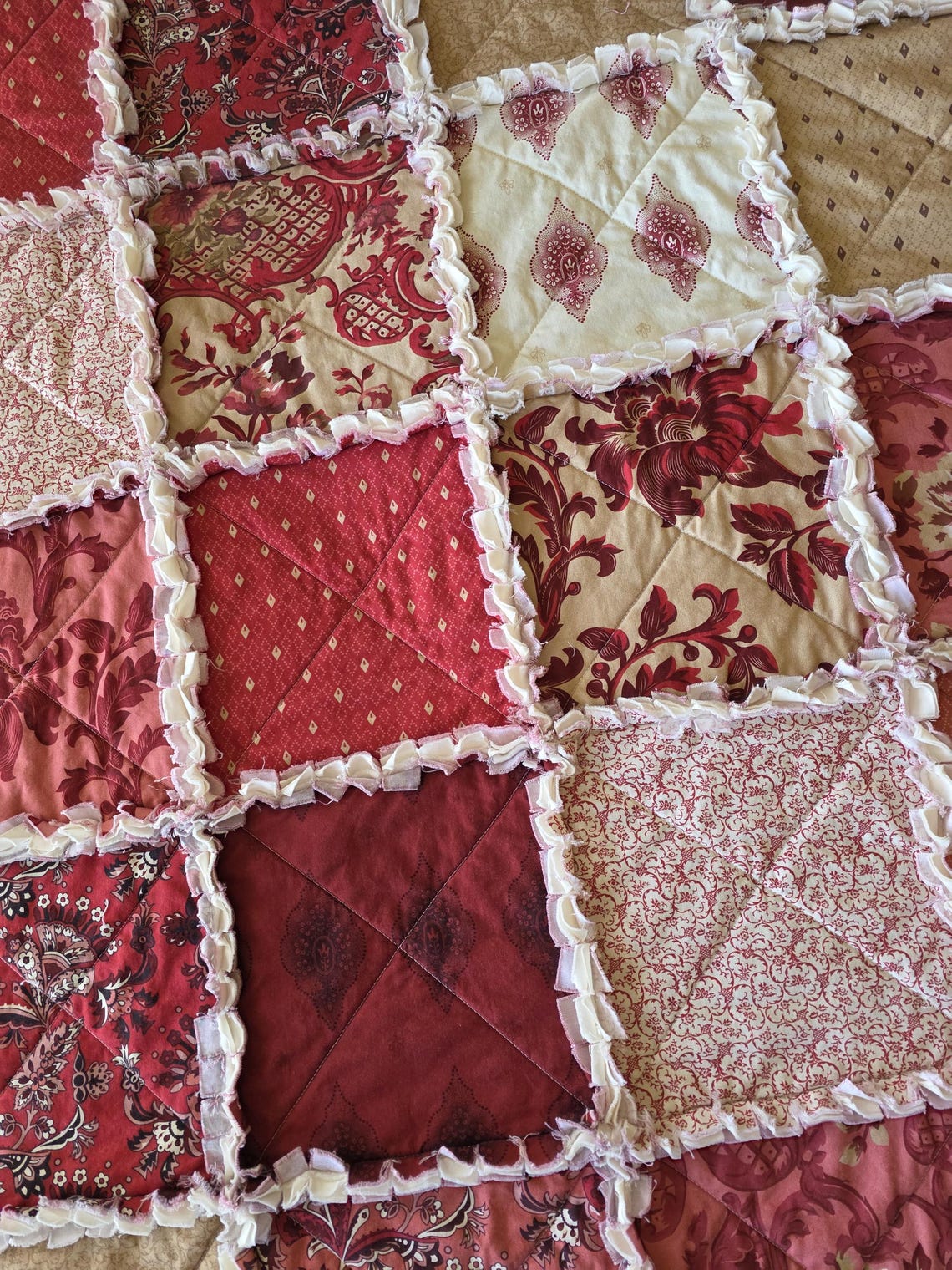En Rogue Large Rag Quilt Throw Ruby Reds, Tans, and Creams - Etsy