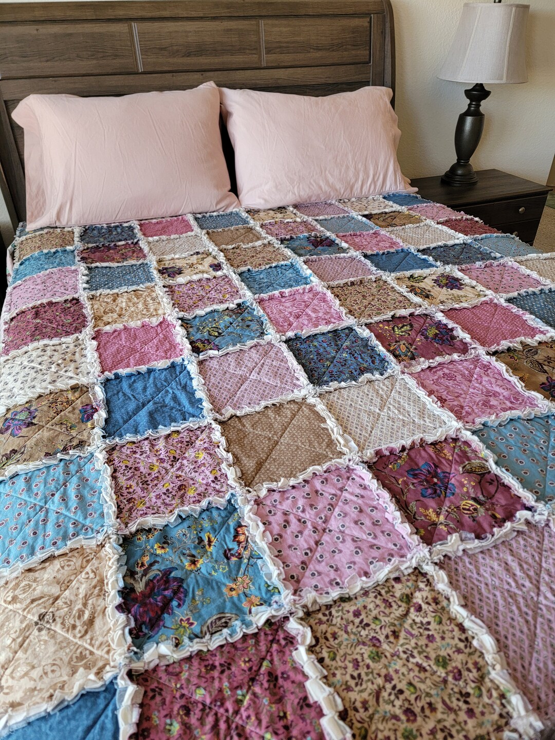 Amethyst Isles Large Rag Quilt Throw Teals Aqua Pinks Rose Spicy Browns Cream - Etsy