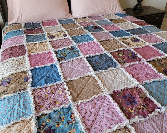 Amethyst Isles Large Rag Quilt Throw - Teals Aqua Pinks Rose Spicy Browns Cream - Etsy