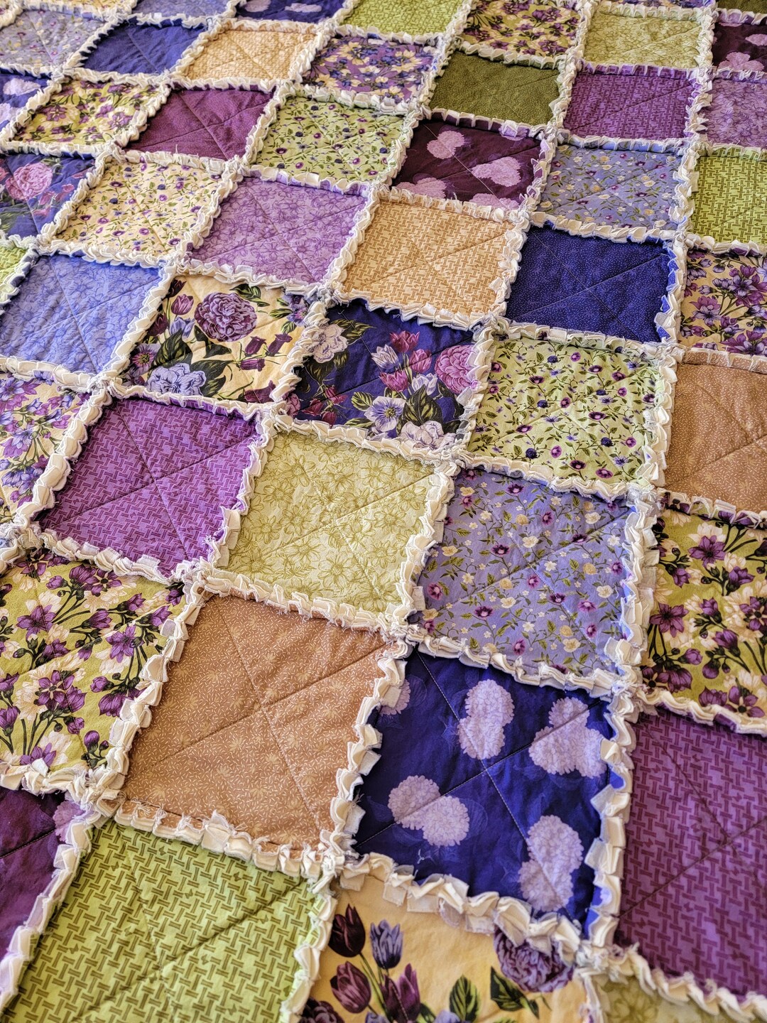 Wildflowers Large Rag Quilt Throw - Purples, Greens, Tans, Cream - Etsy