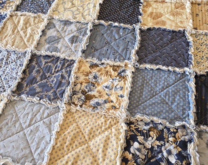 Blue Belle Large Rag Quilt Throw - Blues, Indigo, Tans, and Cream - Etsy