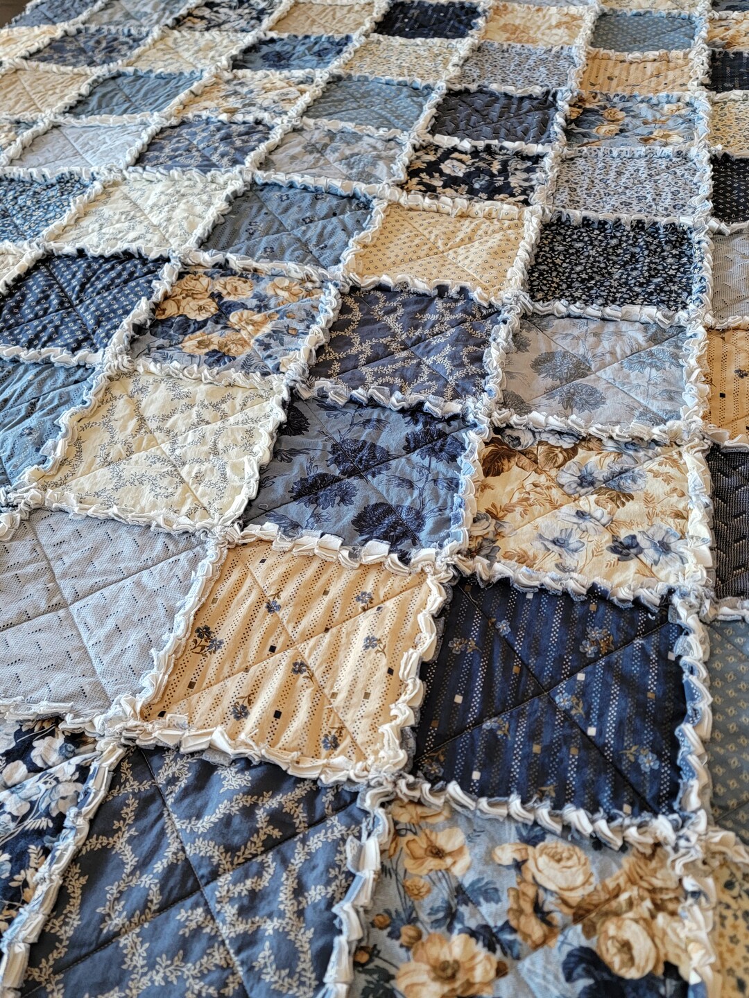 Blue Belle Large Rag Quilt Throw Blues Indigo Tans and - Etsy