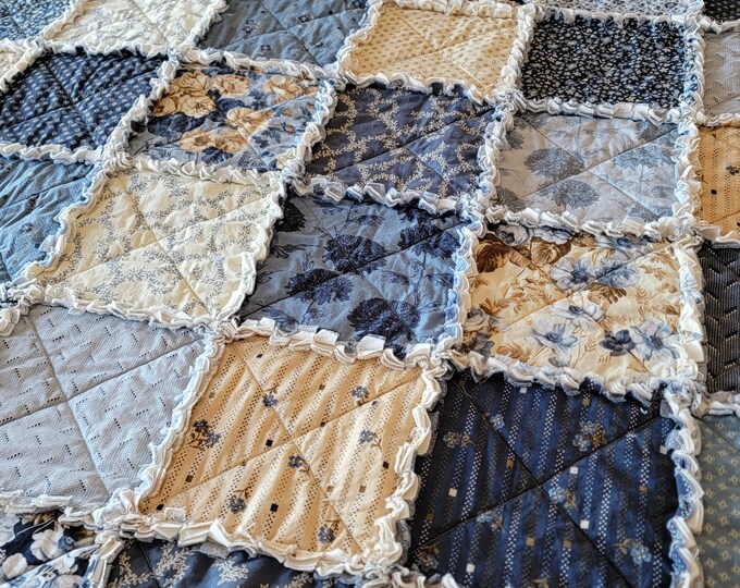 Blue Belle Large Rag Quilt Throw Blues, Indigo, Tans, and Cream - Etsy