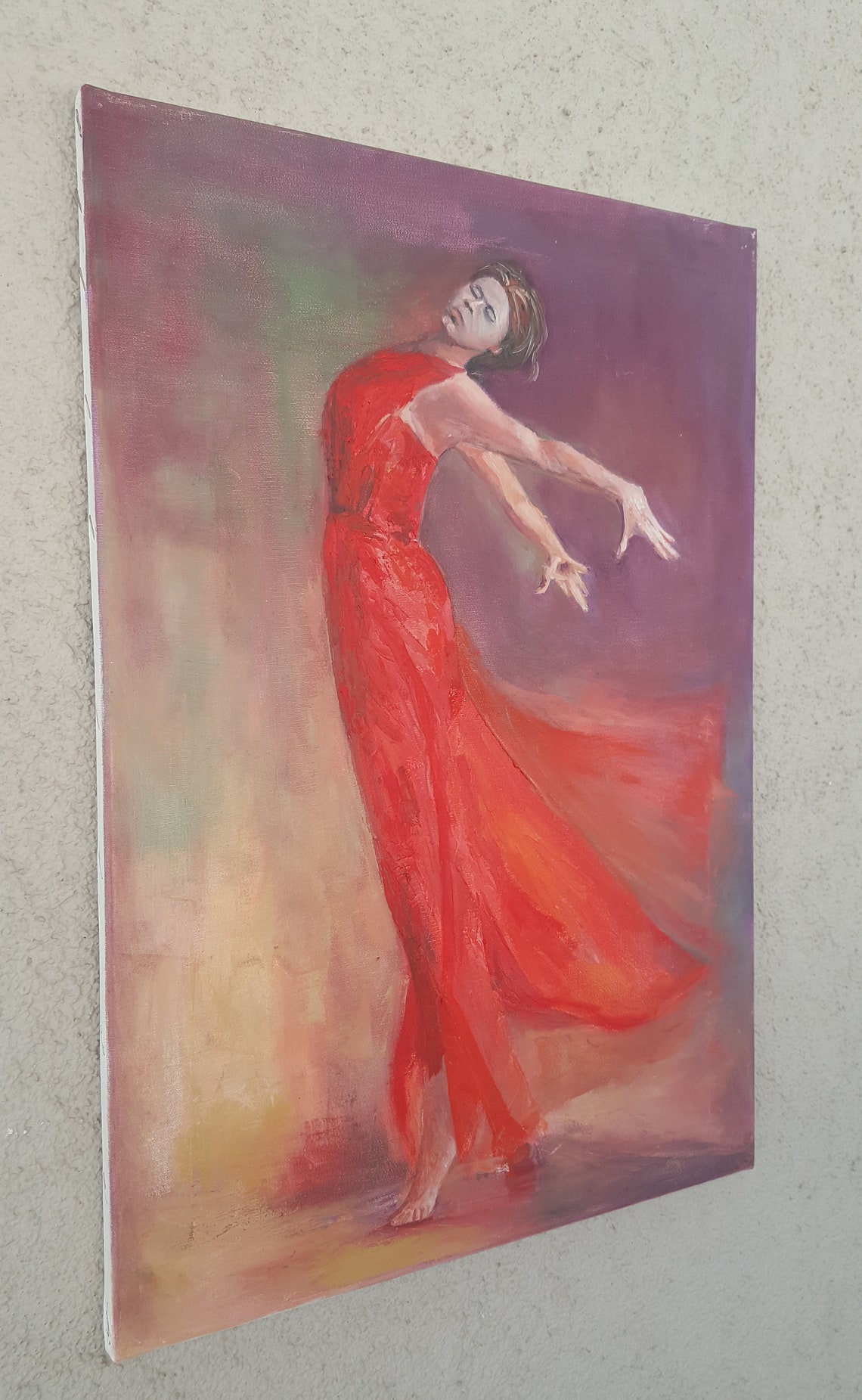 Ballerina Oil Painting on Canvas, Dancing Lady in Red Dress, Signed Art ...