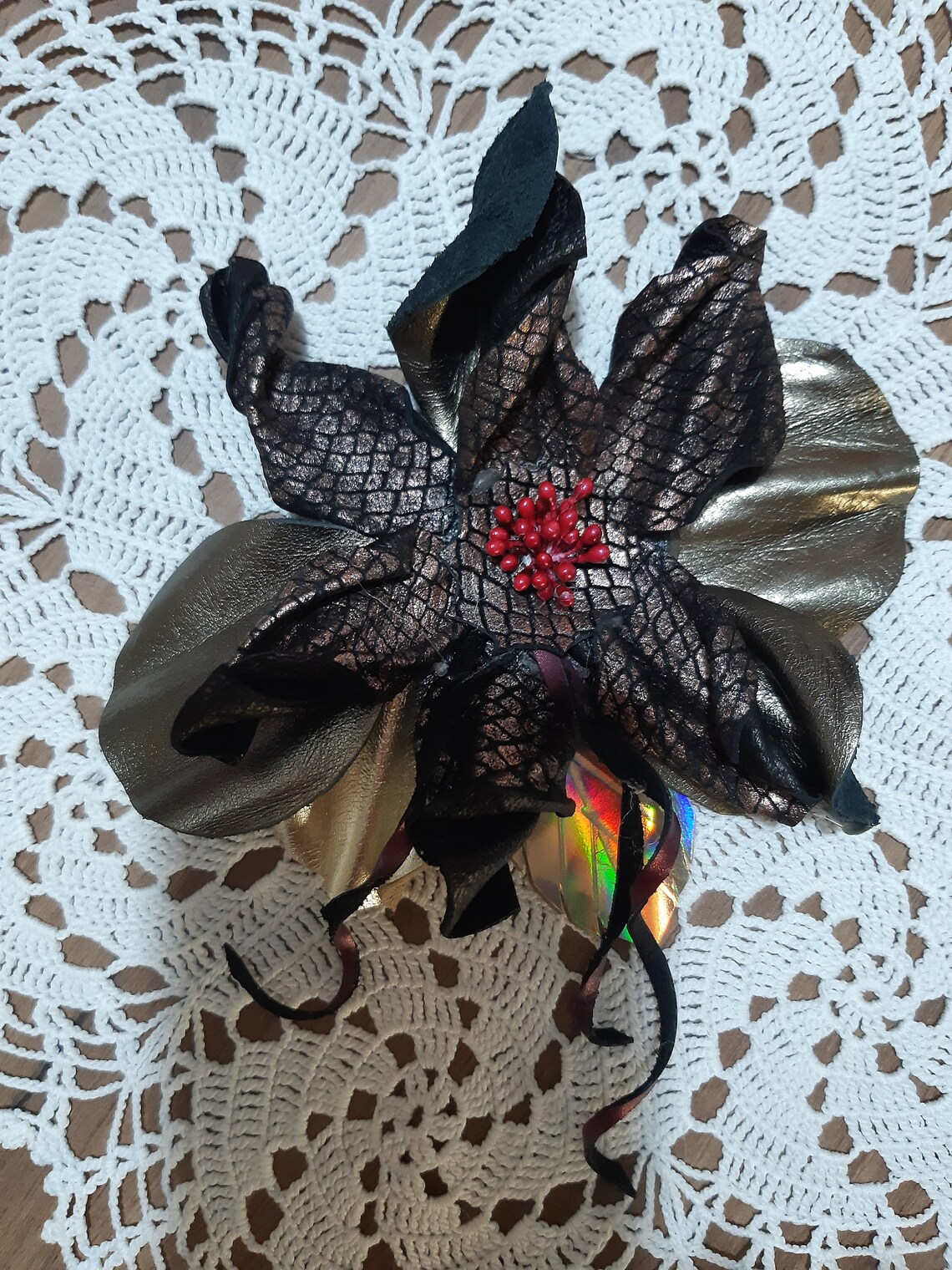 Leather Brooch " Flower" 5.4 Inch Diameter, Natural Leather Flower ...