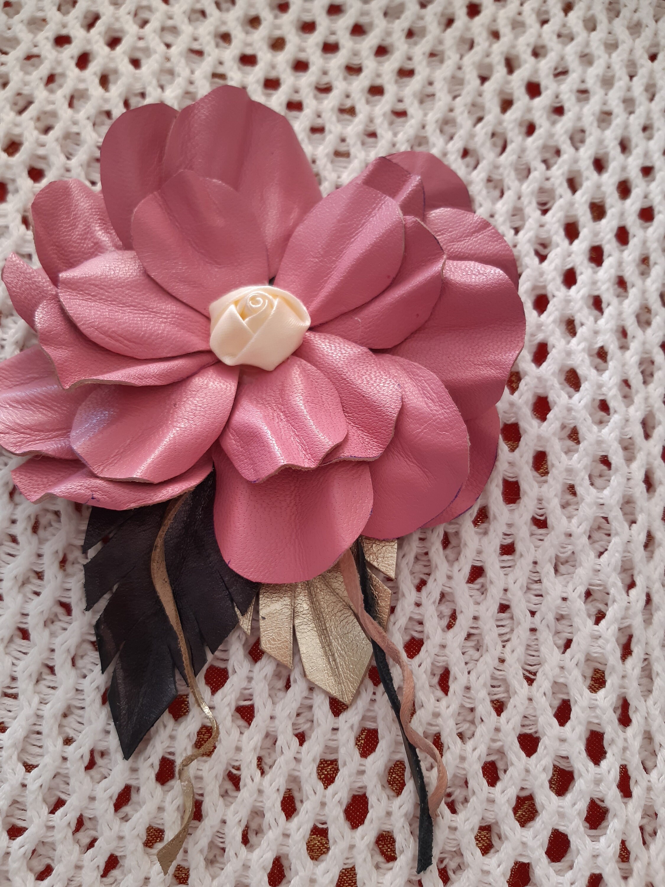 Leather Brooch " Flower" 5,5 Inch Diameter, Natural Leather Flower ...
