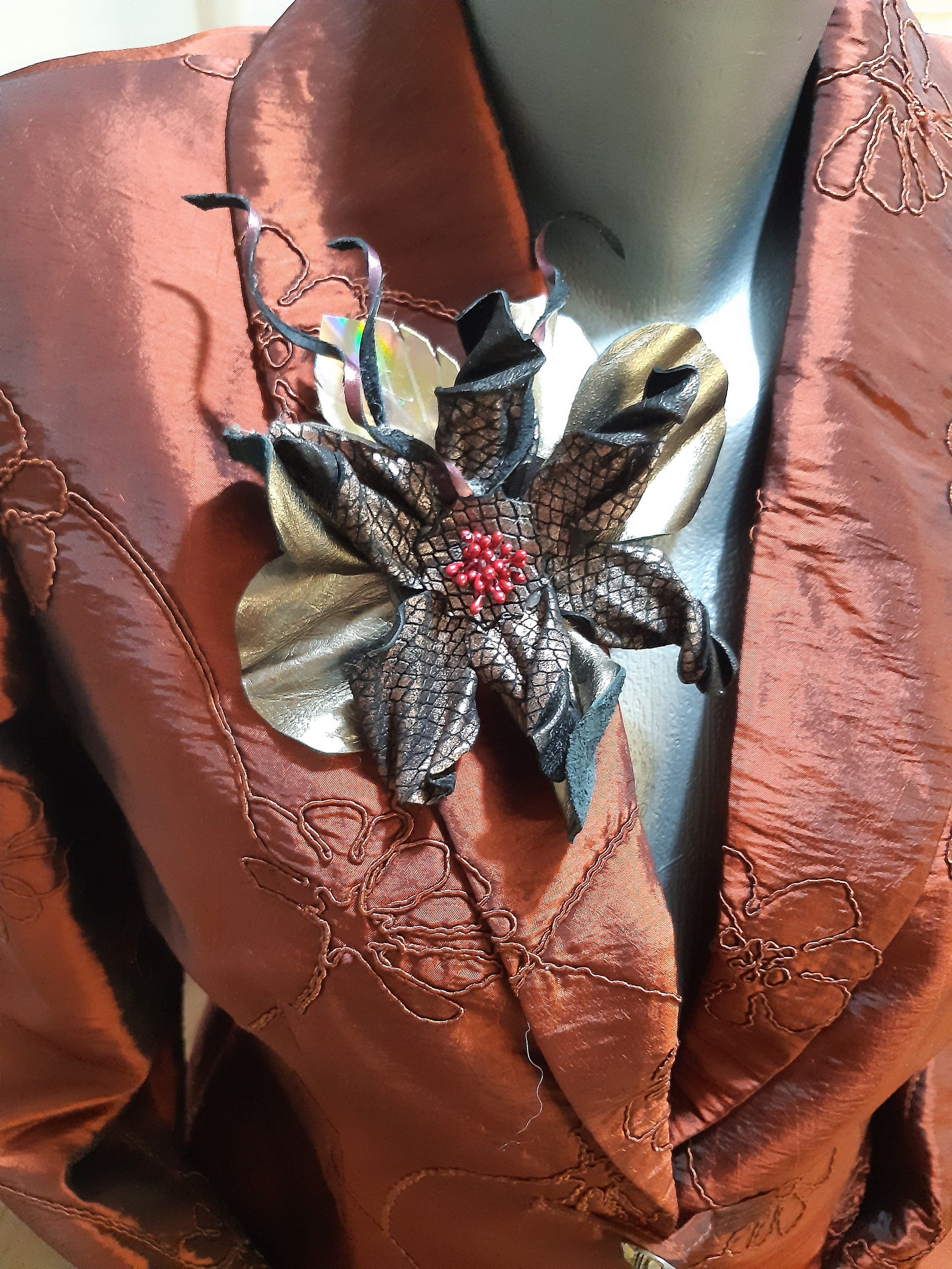 Leather Brooch " Flower" 5.4 Inch Diameter, Natural Leather Flower ...
