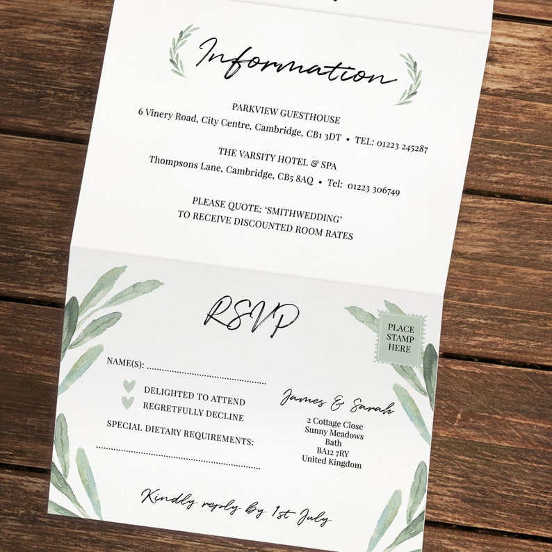 Folded ‘olive’ Personalised Invitations - Completely Customisable ...