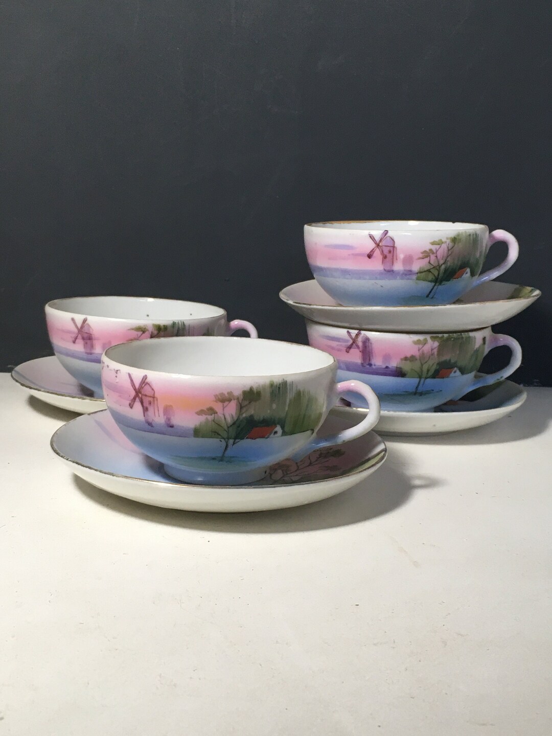 Vintage Lusterware Tea Cups and Saucers, Japan, Handpainted Windmill ...
