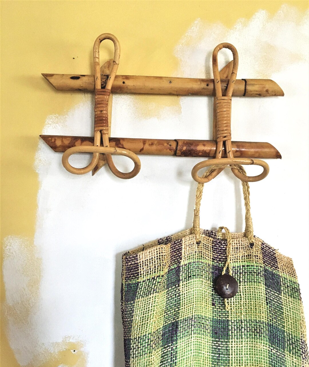 Mid Century Bamboo Rattan Wall Coat Rack, Boho Decor - Etsy