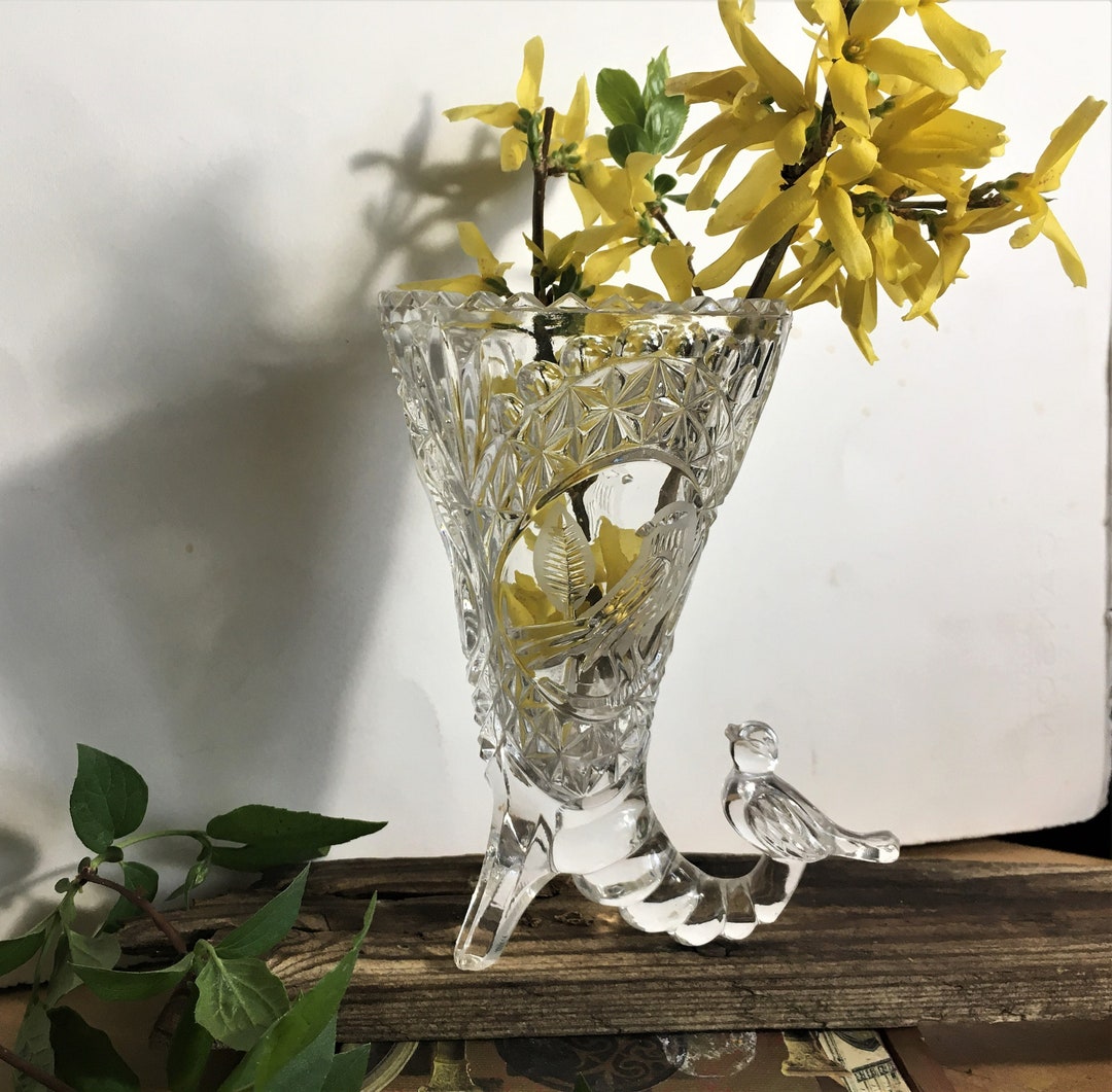 Vintage Crystal Cornucopia Vase With Birds, Hofbauer Byrdes Cut Crystal ...