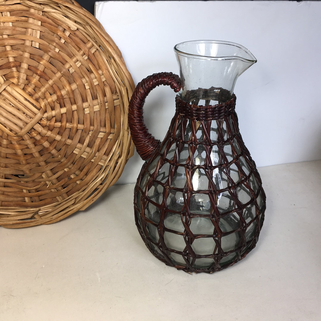 Vintage Wicker Caged Glass Pitcher, MCM Glass Pitcher - Etsy